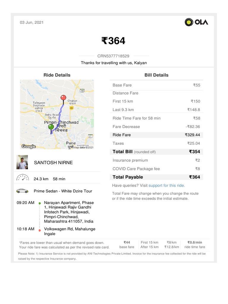 Ride Details and Bill for a Trip from Narayan Apartment in Hinjewadi to Mahalunge Ingale on 03 ...