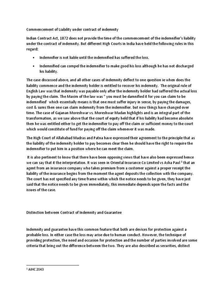 Commencment of Liability Under Contract of Indeminity | PDF | Guarantee ...
