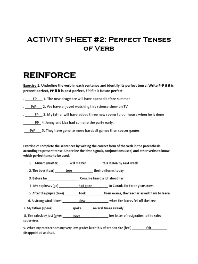 Perfect Tenses Activity Worksheet | PDF | Perfect (Grammar ...