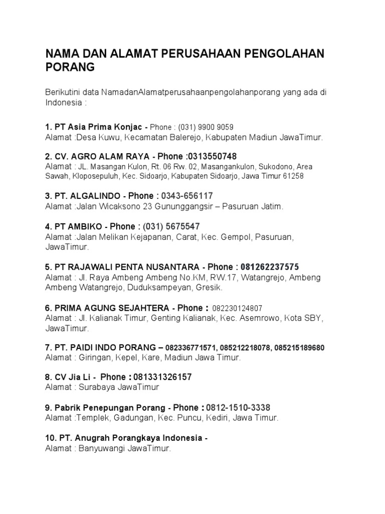 Nama Dan Alamat Perusahaan Pengolahan Porang | PDF | Bisnis | Memasak ...
