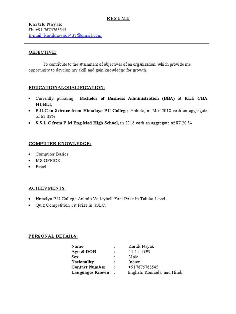 Resume Kartik Nayak: Educationalqualification | PDF