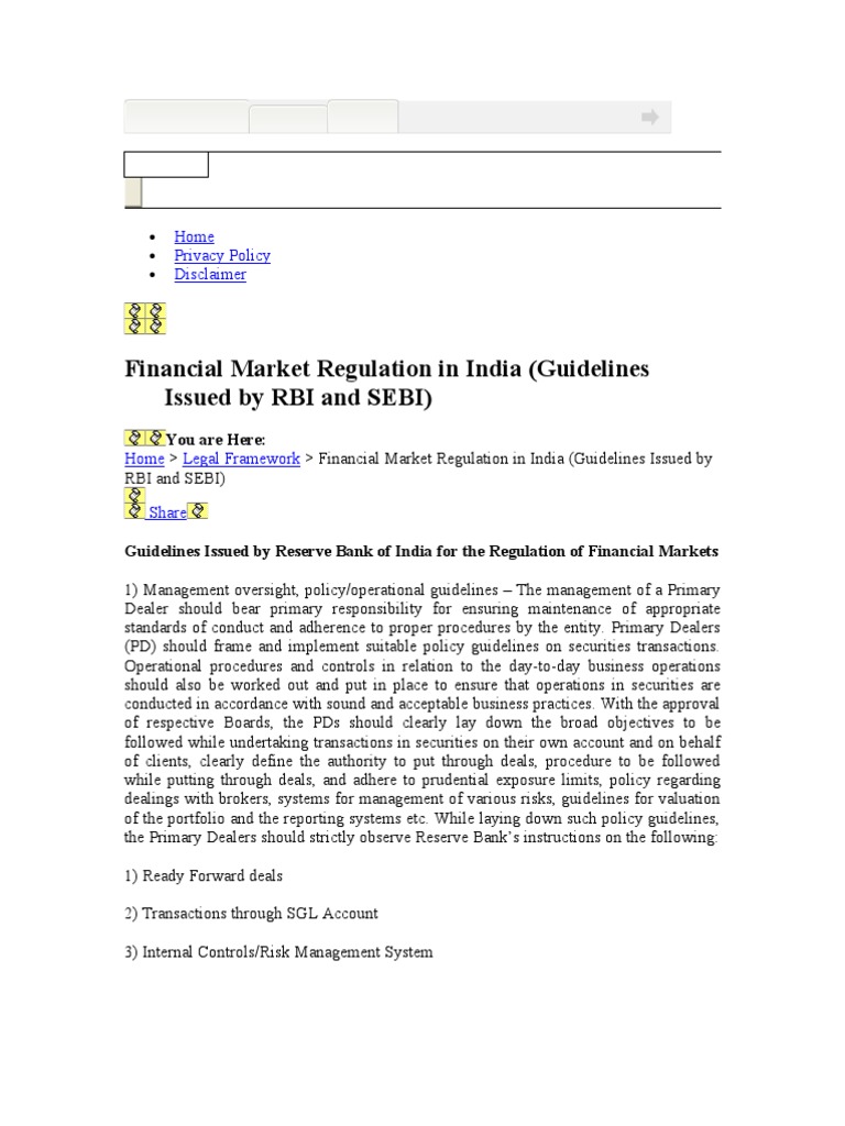 Financial Market Regulation in India (Guidelines Issued by RBI and SEBI ...