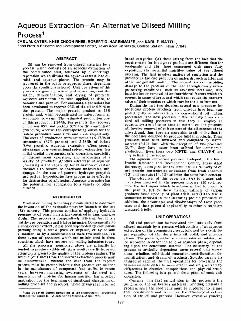 Aqueous Extraction-An Alternative Oilseed Milling: Process 1 | PDF ...