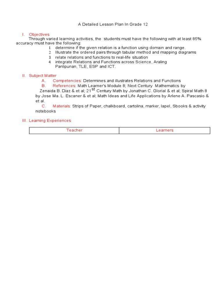 Lesson Plan Math 12 | PDF | Function (Mathematics) | Teaching Mathematics