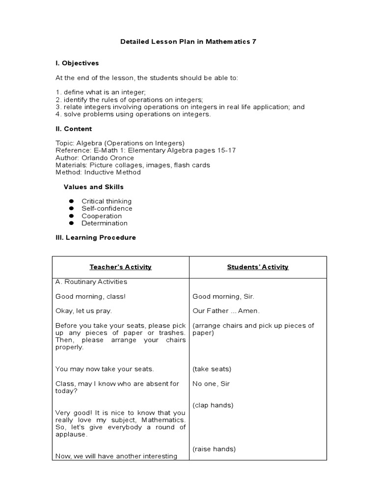 Lesson Plan in Mathematics 7 | PDF | Integer | Numbers