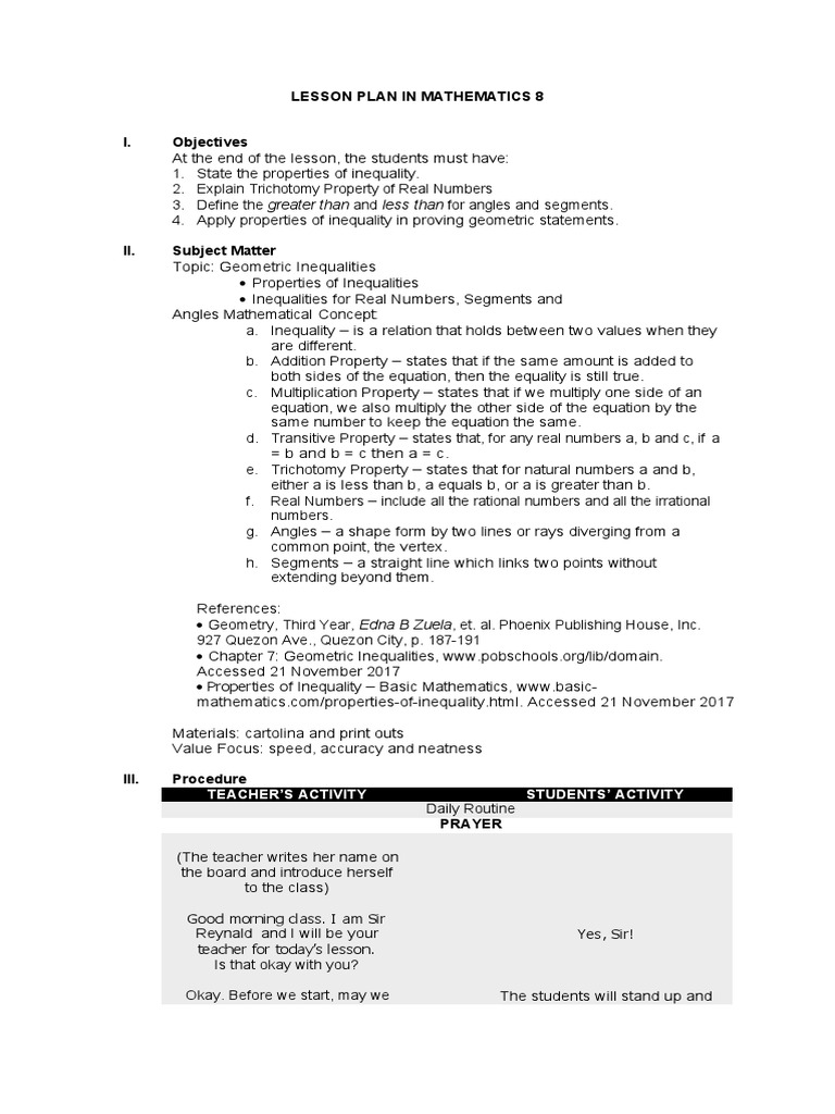 Greater Than Less Than: Lesson Plan in Mathematics 8 | PDF | Line ...