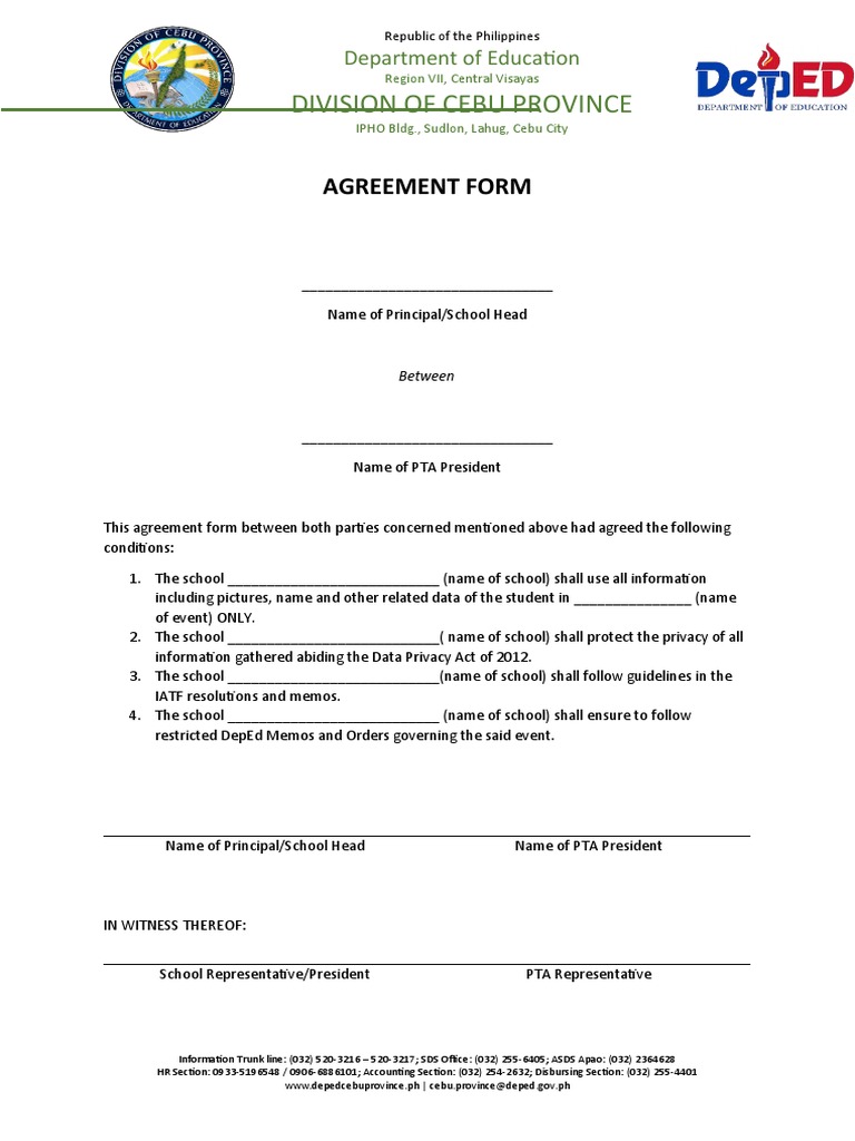 Agreement Form Principal To PTA | PDF