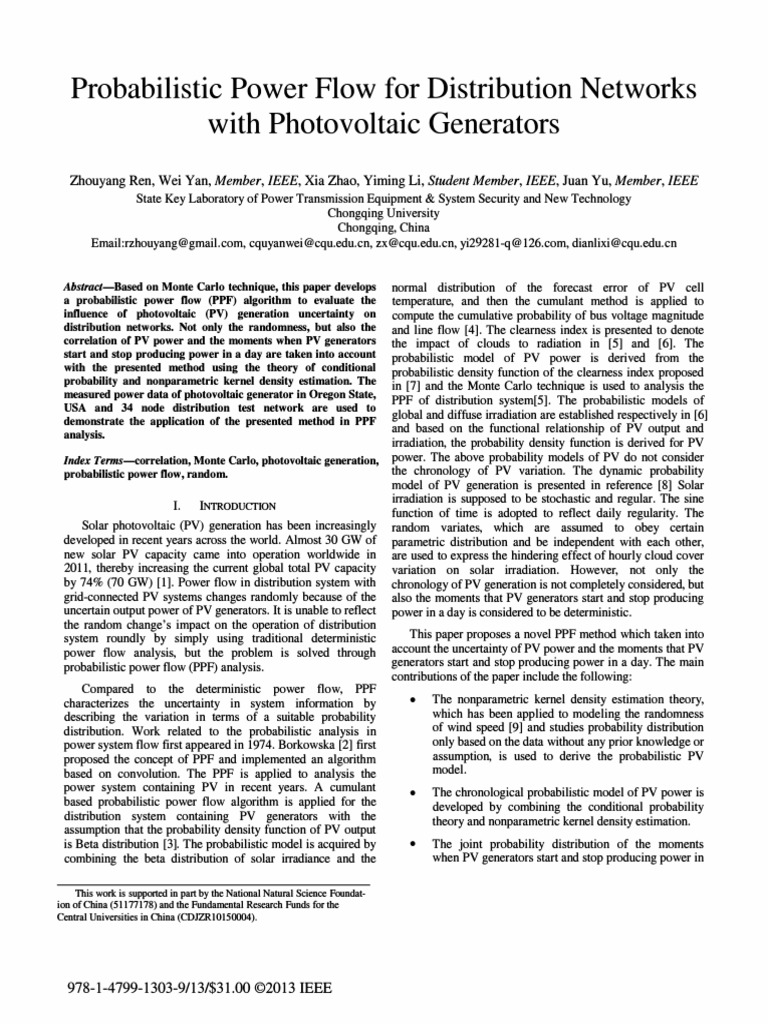 Probabilistic Power Flow For Distribution Networks With Photovoltaic Generators | Download Free ...