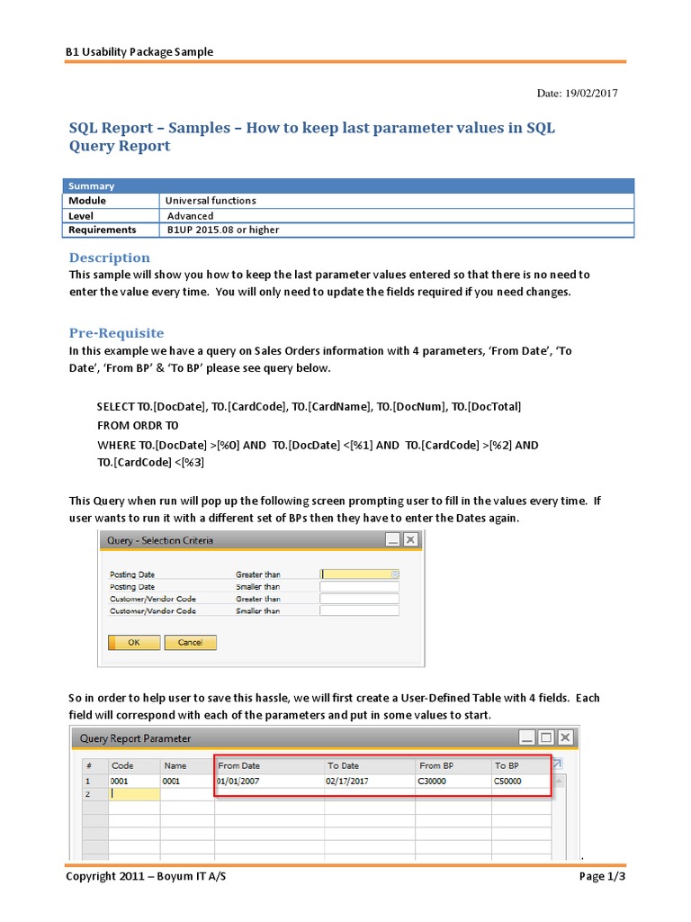 Sample - SQL Report - How To Keep Last Parameter Value in Query | PDF | Sql | Parameter ...