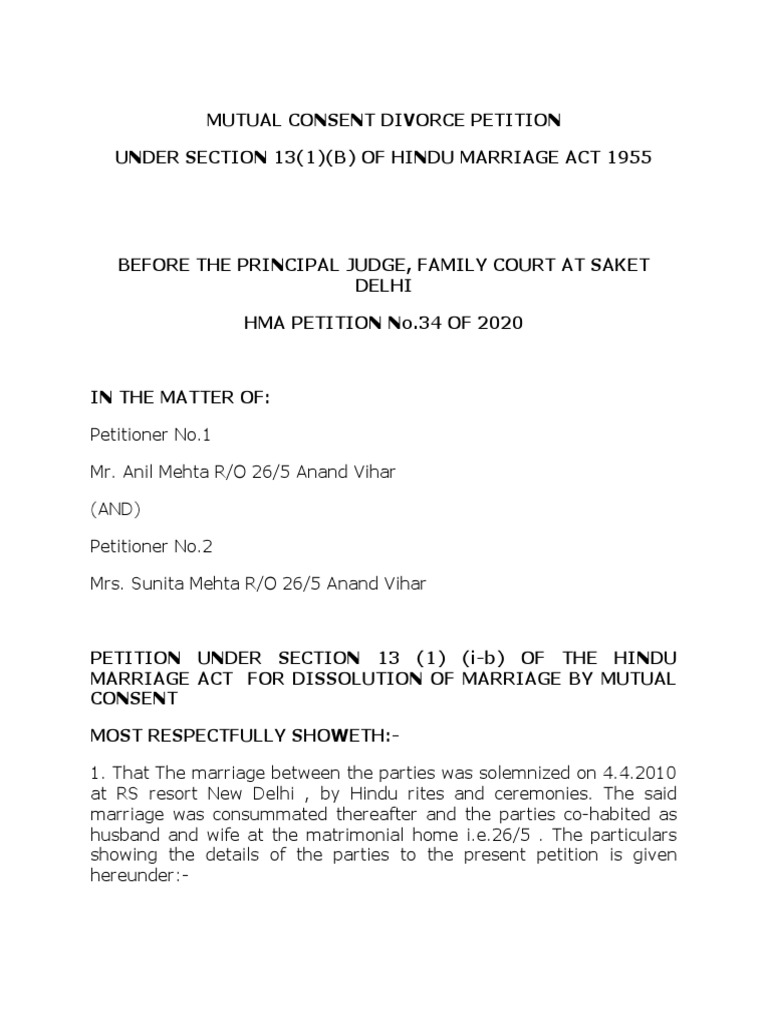 Mutual Consent Divorce Petition India | PDF | Divorce | Alimony