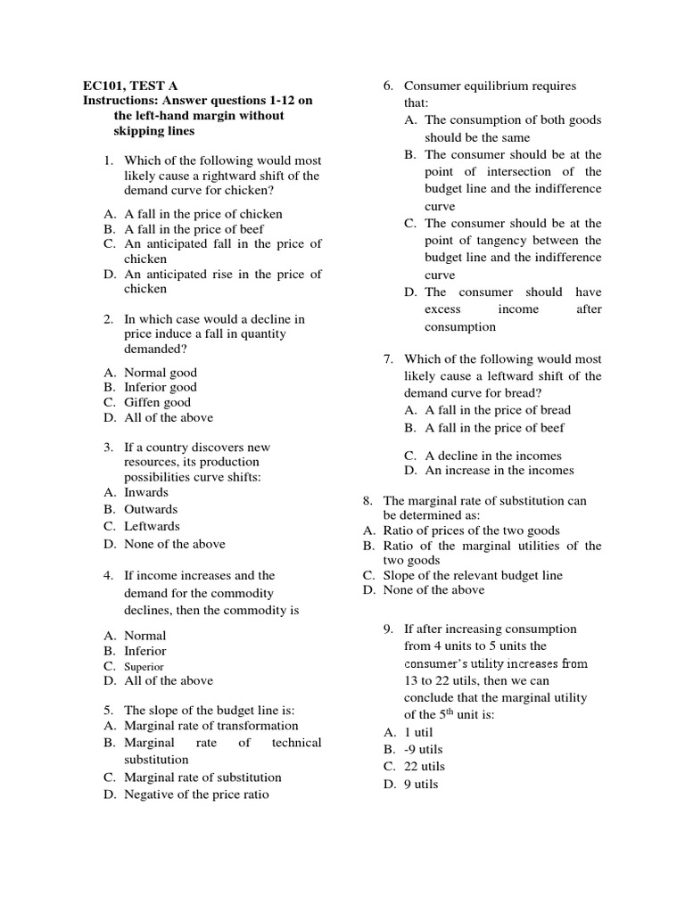 EC101 Test A Hre, Sept 2018 Final | PDF | Demand | Demand Curve