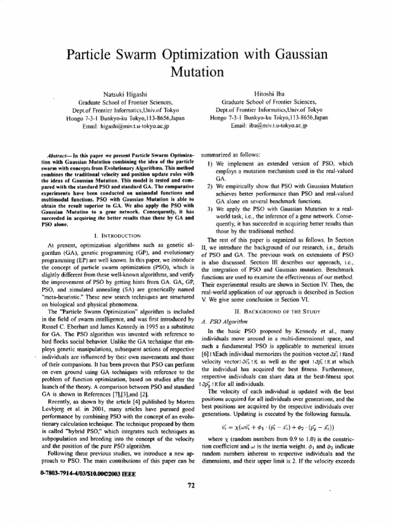 Particle Swarm Optimization With Gaussian Mutation: Higashi@miv.t.u-Tokyo - Ac.jp | PDF ...
