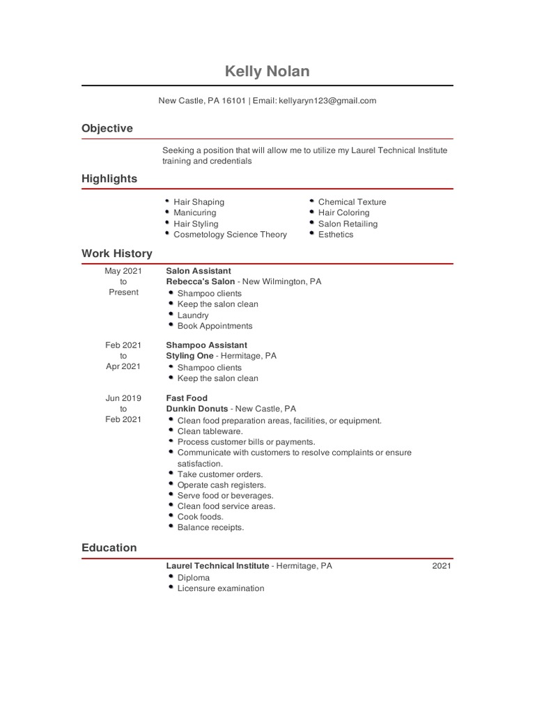 Kelly Nolan - Cosmetology Resume | PDF