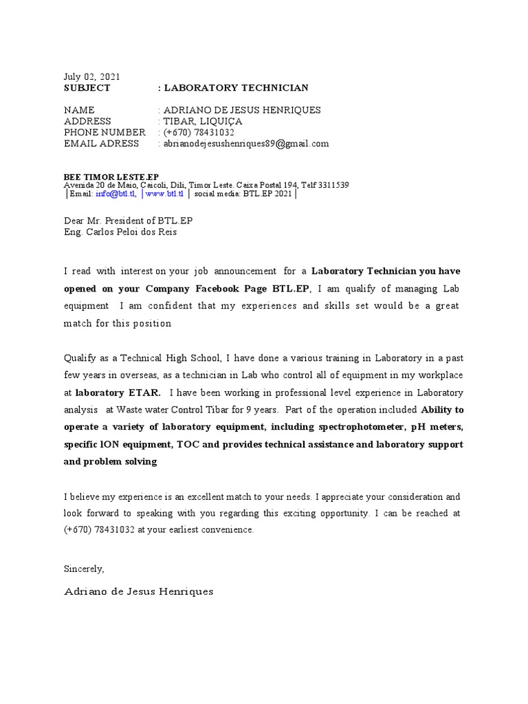 Application for Laboratory Technician Position | PDF