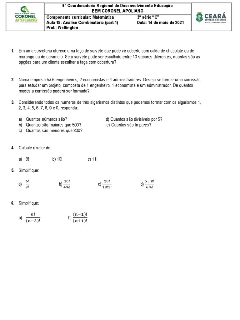 Atividade 08 (Análise Combinatória Part. 1) | PDF