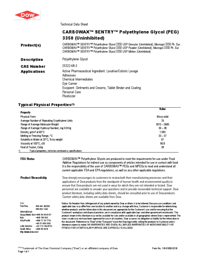 CARBOWAX™ SENTRY™ Polyethylene Glycol (PEG) 3350 (Uninhibited) | PDF ...