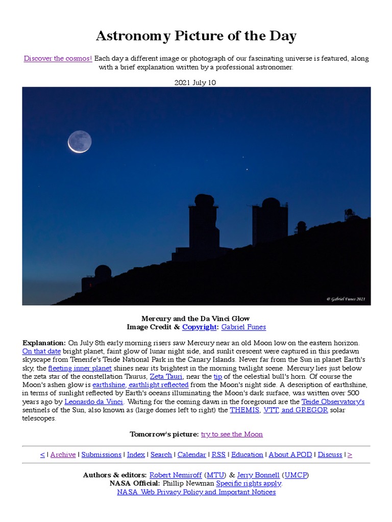 APOD - 2021 July 10 - Mercury and The Da Vinci Glow | PDF