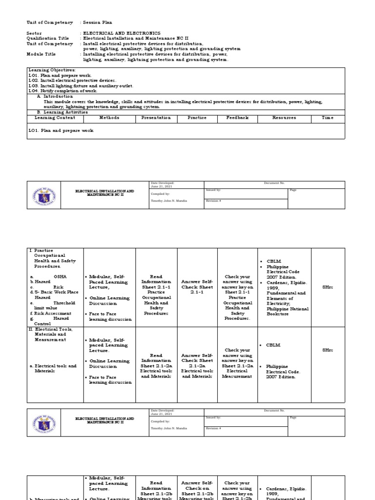 EIM TM! Session Plan | PDF | Electrical Wiring | Occupational Safety And Health