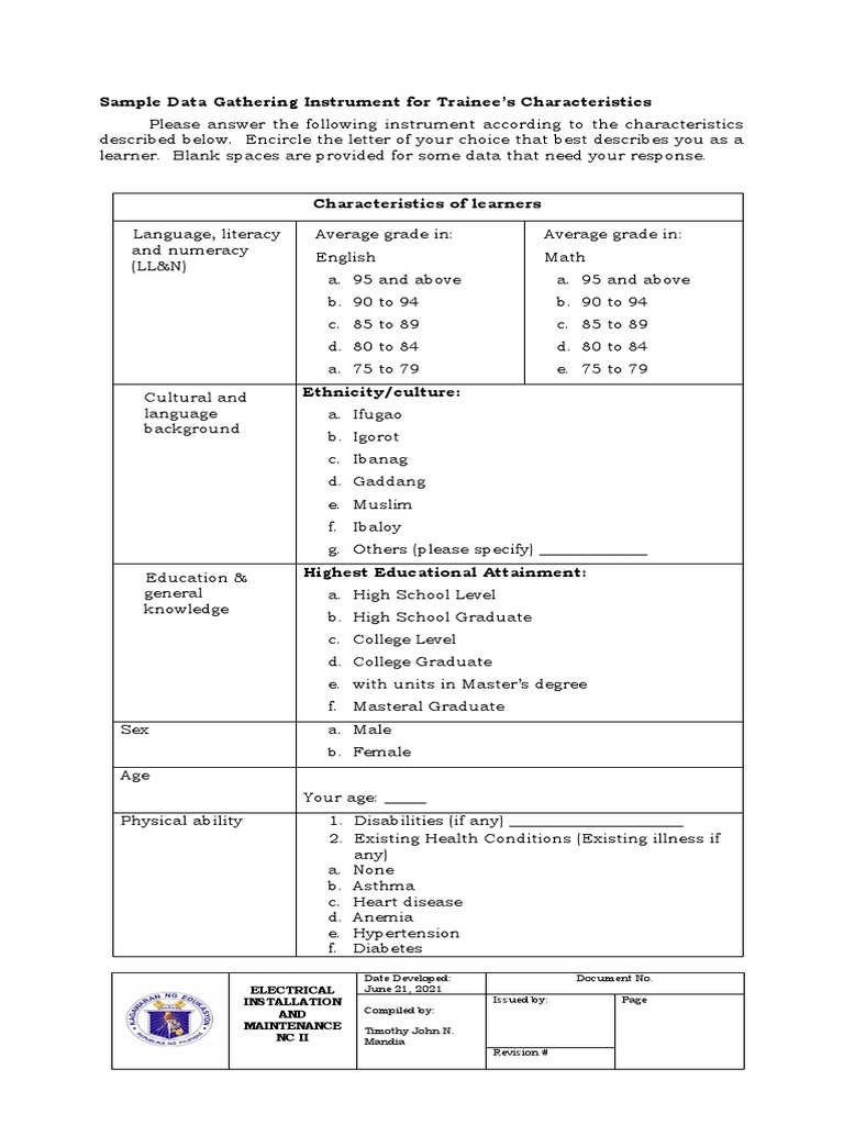 Sample Data Gathering Instrument For Trainee's Characteristics | PDF ... Sample Data Gathering Instrument For Trainee's Characteristics | PDF ...