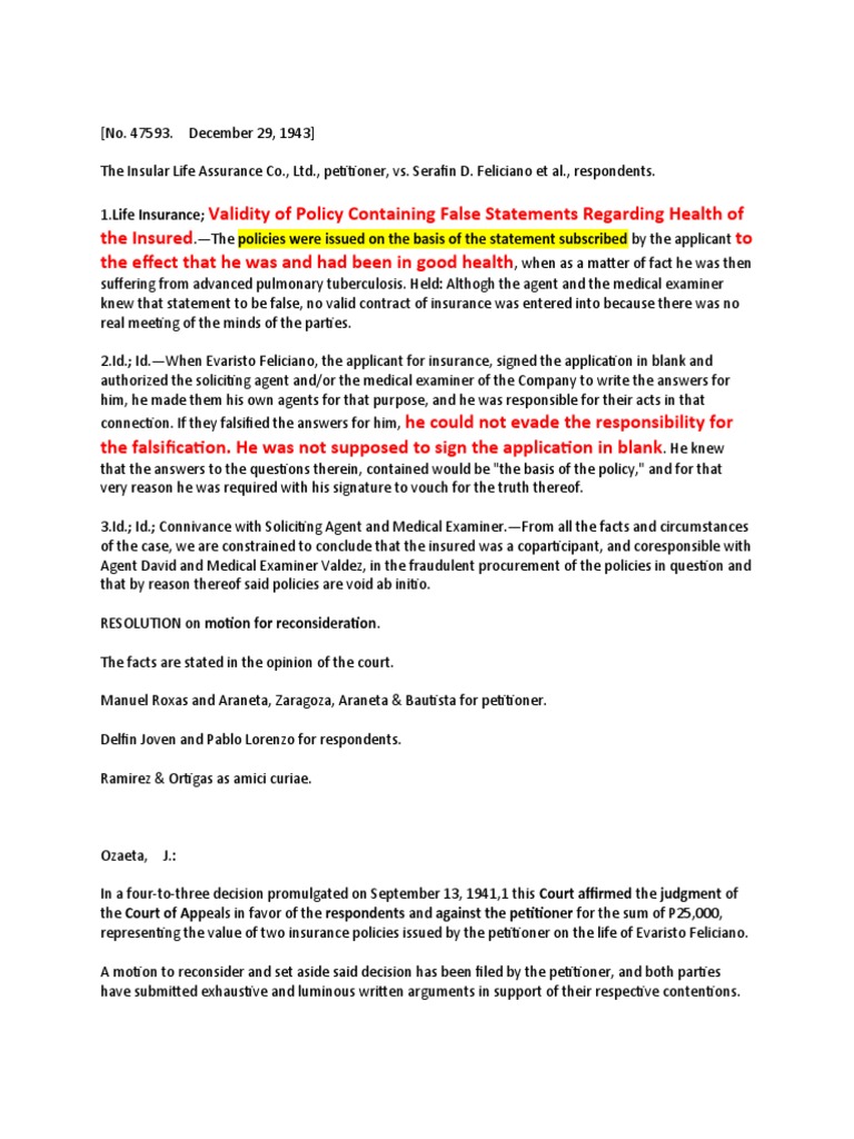 Insular Life Assurance Co. vs. Feliciano Et Al., 74 Phil., 468, No ...
