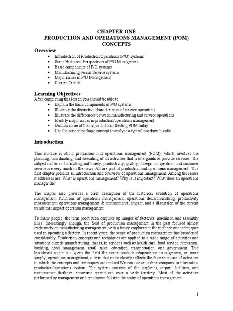 Chapter One Production and Operations Management (Pom) Concepts | PDF ...