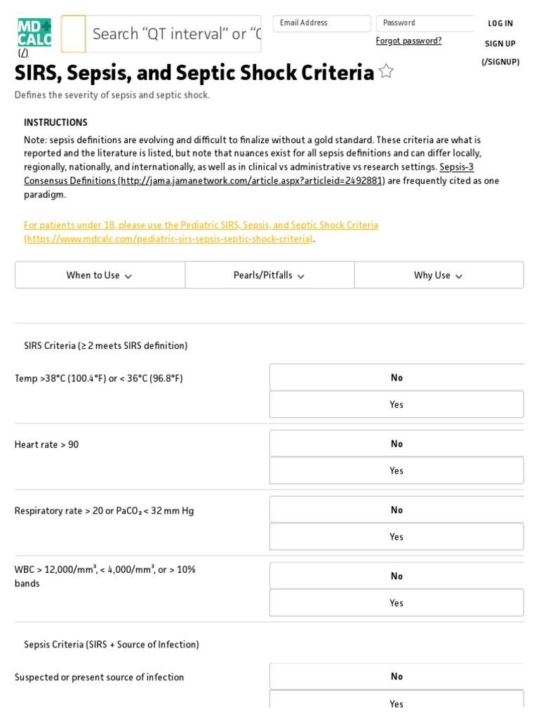 SIRS, Sepsis, and Septic Shock Criteria - MDCalc | PDF