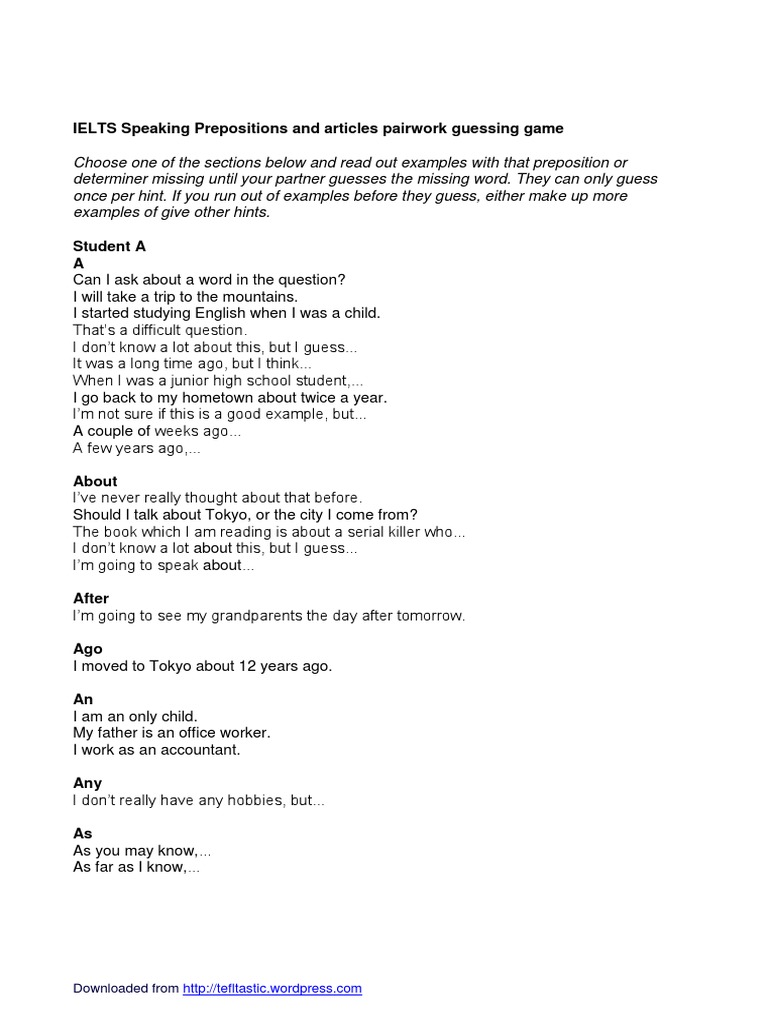 IELTS Speaking Prepositions and Articles Pairwork Guessing Game | PDF ...
