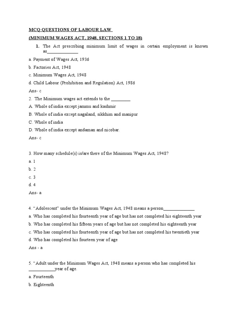MCQ - Minimum Wages Act | PDF | Piece Work | Overtime