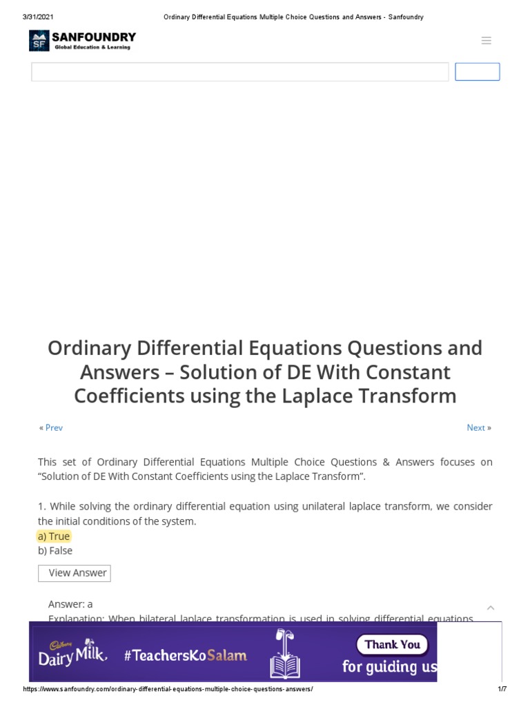 Ordinary Differential Equations Multiple Choice Questions and Answers - Sanfoundry | PDF