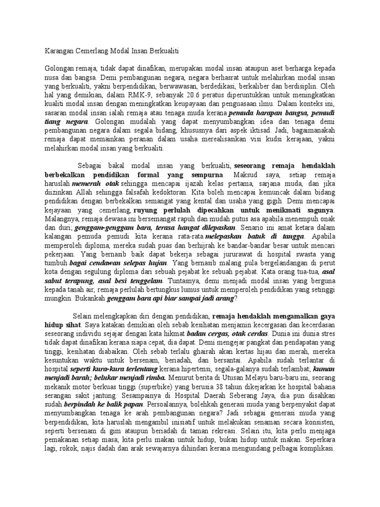 Karangan Cemerlang Modal Insan Berkualiti | PDF