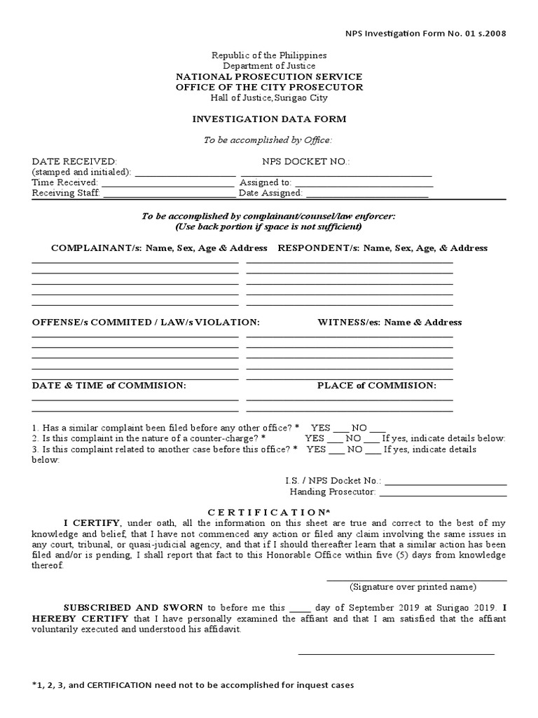 Investigation Data Form | Download Free PDF | Affidavit | Prosecutor