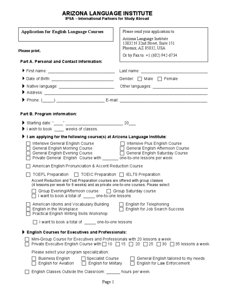 Application for English Language Courses at the Arizona Language ...