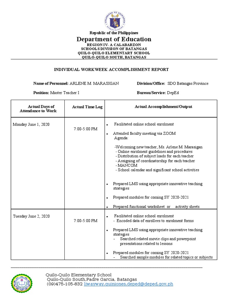 AMM INDIVIDUAL WORKWEEK ACCOMPLISHMENT REPORT June 1 4 | PDF | Human ...