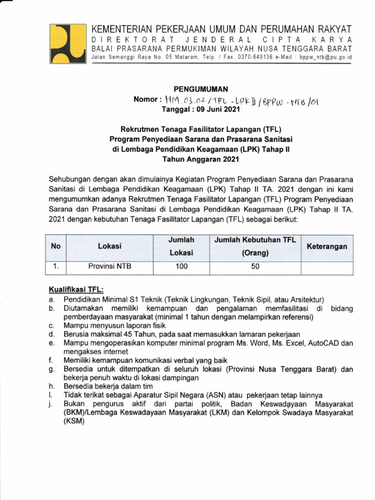 Pengumuman Rekrutmen TFL LPK Tahap II | PDF