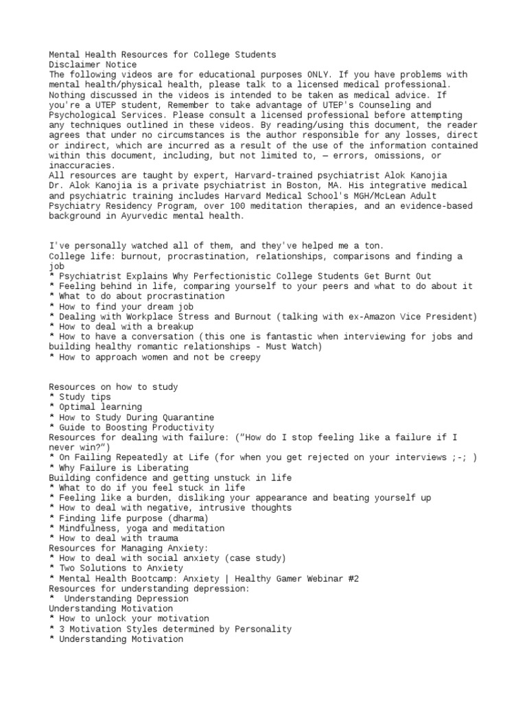 Mental Health Resources | PDF | Mental Health | Occupational Burnout