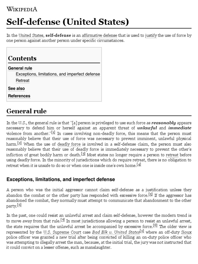 Self-Defense (United States) - Wikipedia | PDF | Common Law | Justice