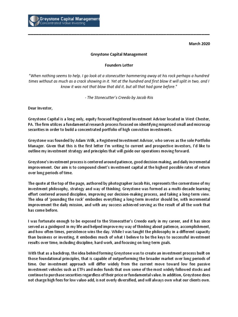 Greystone Capital Founders Letter | PDF | Valuation (Finance ...