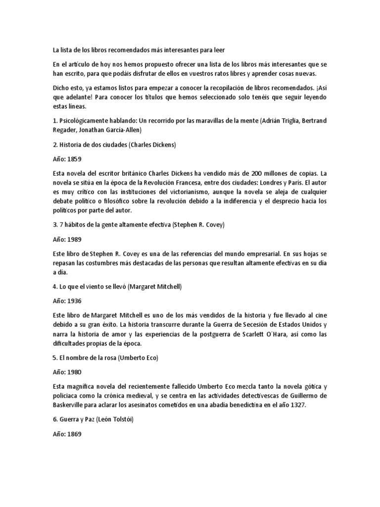 La Lista de Los Libros Recomendados Más Interesantes para Leer | PDF ...