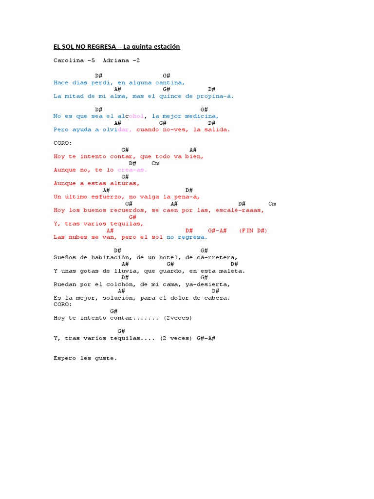 EL SOL NO REGRESA Acordes Colores Mujer | PDF