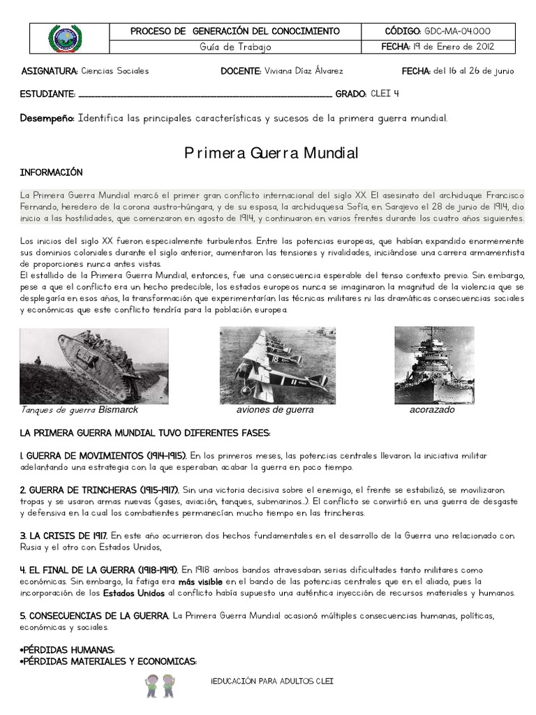 Hoja De Trabajo Sobre La Primera Guerra Mundial