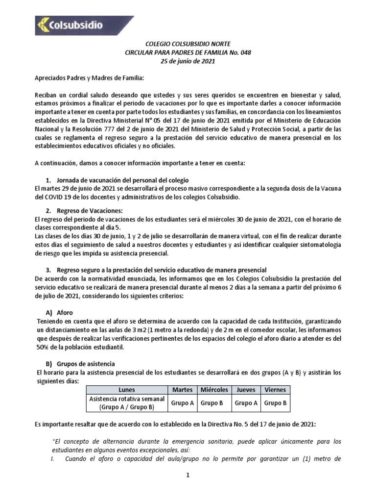 Circular para Padres de Familia No. 048 | PDF | Medicina | Epidemiología