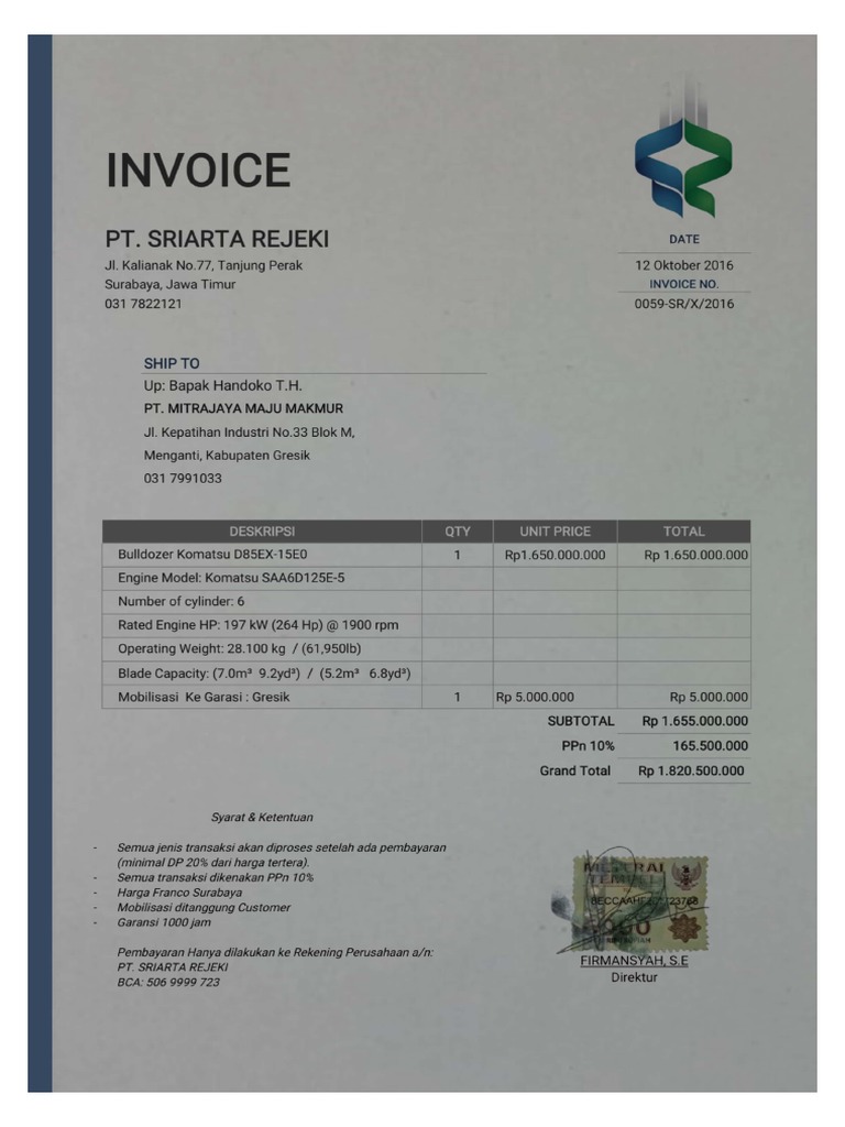 Copy Invoice Bulldozer D85EX | PDF