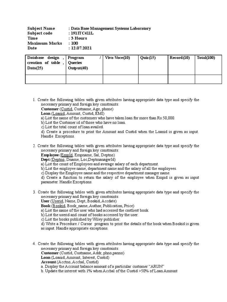 Database Management Systems Laboratory Exam - July 12, 2021 | PDF ...