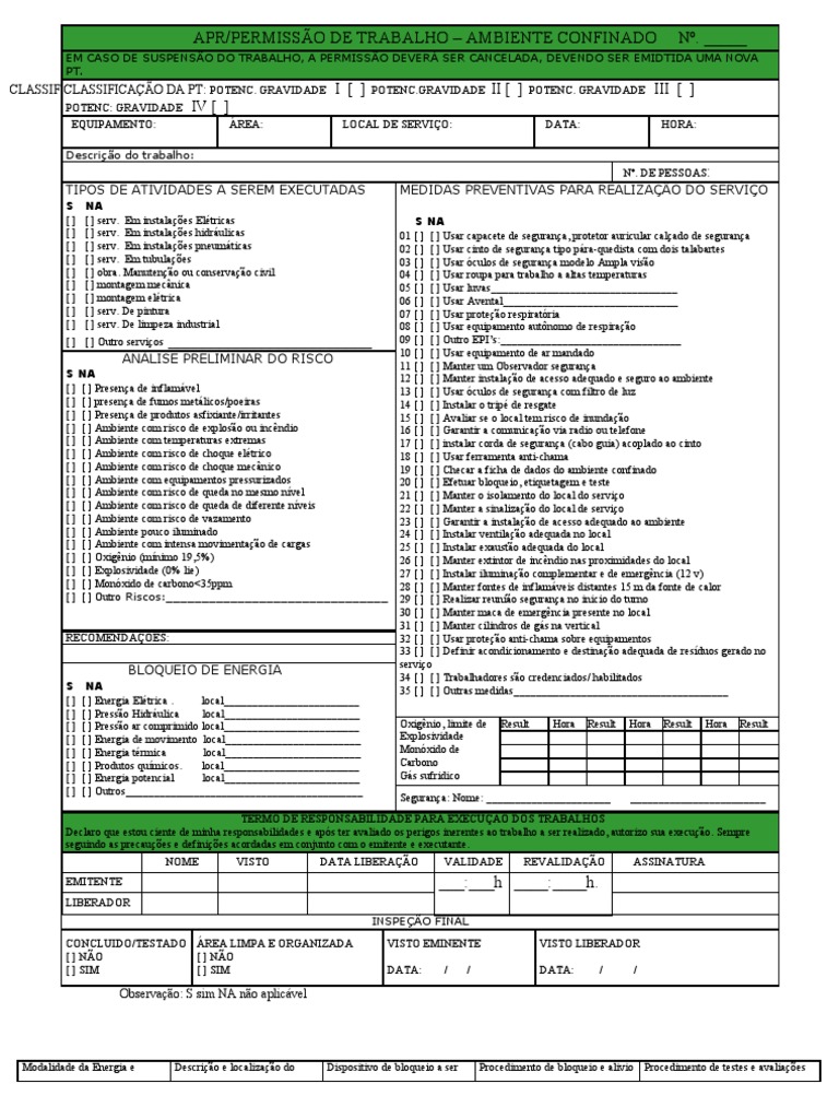 Permissao de Trabalho Ambiente Confinado | PDF | Calor | Desperdício