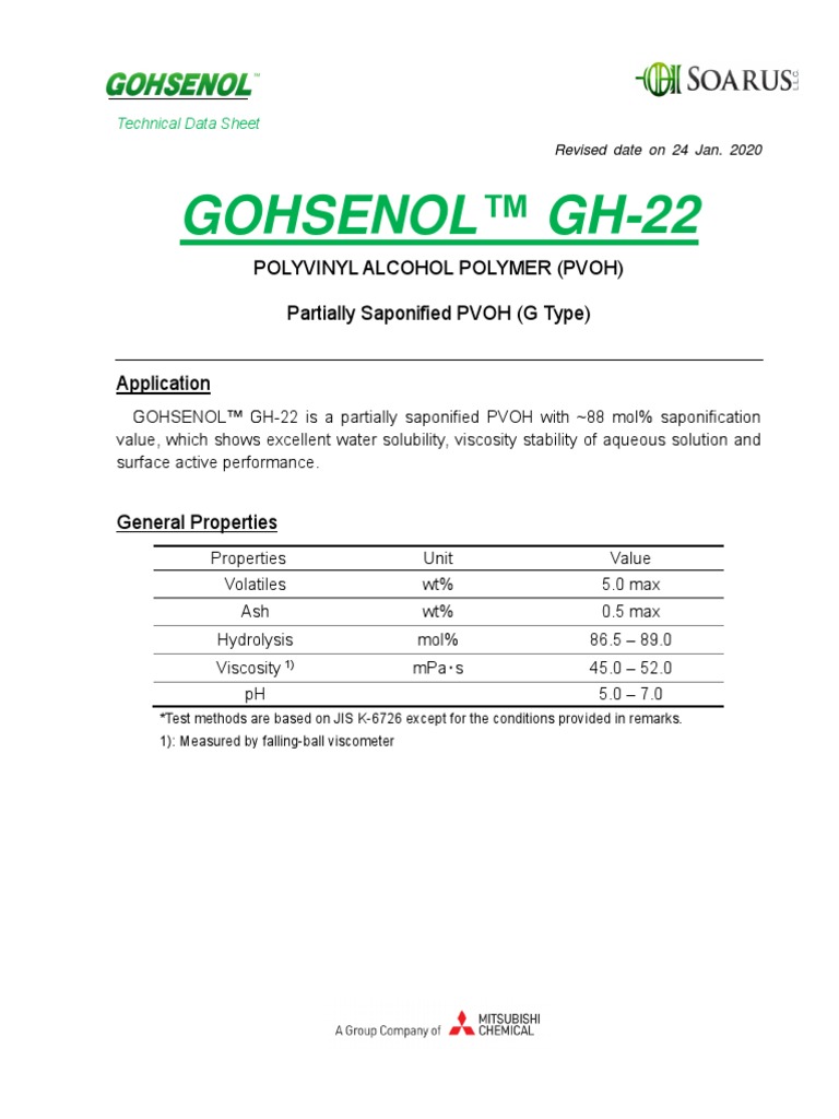 Alcohol Polyvinyl Polymer (Pvoh) - Gohsenol GH-22 TDS | PDF ...