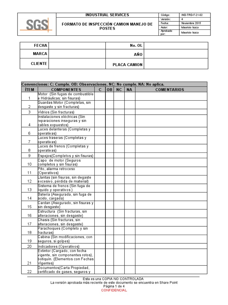 IND-TRD-F-21-02 Formato de Inspección Camión Manejo de Postes | PDF ...