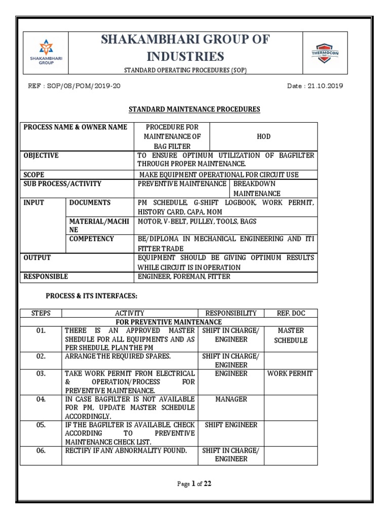 SOP - Maintenance of Bag Filter | PDF | Machinist | Welding
