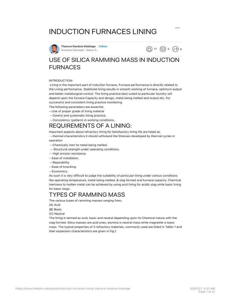 Induction Furnaces Lining | PDF | Refractory | Silicon Dioxide
