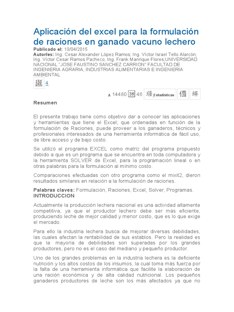 Excel para Raciones de Ganado Lechero | PDF | Microsoft Excel | Programa de computadora