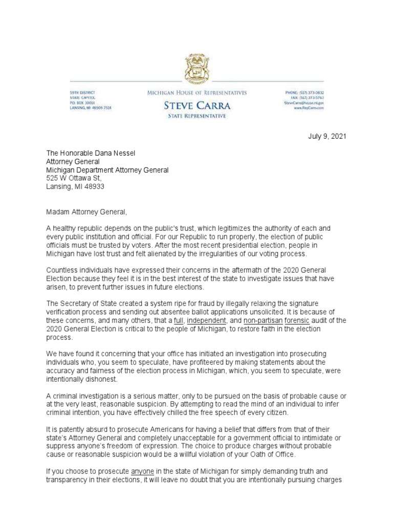 House GOP Letter To AG Nessel | PDF | Elections | Accountability
